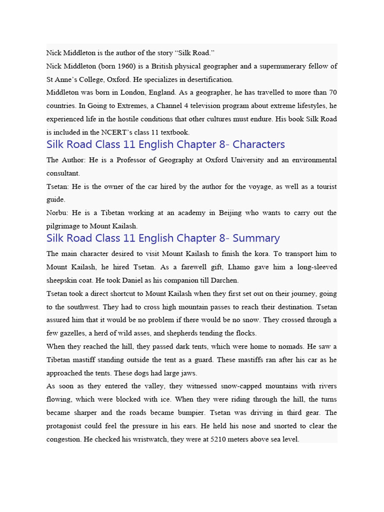 Silk Road Class 11 English Chapter 8-Characters | PDF