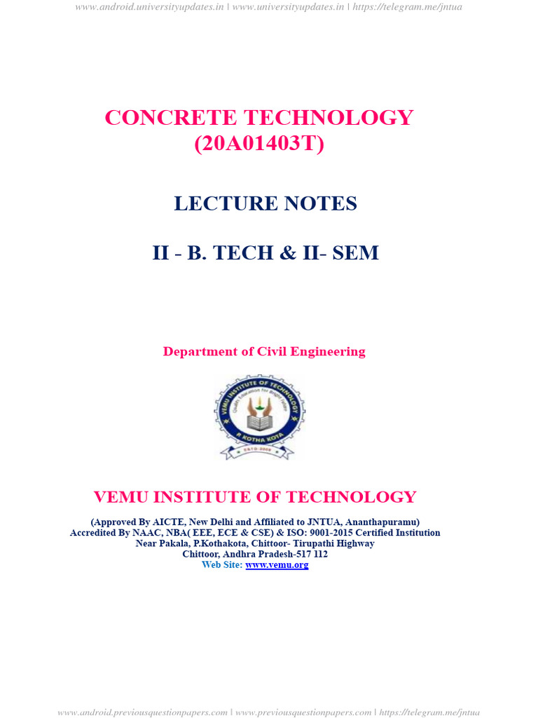 JNTUA Concrete Technology Notes R20 | PDF | Cement | Concrete JNTUA Concrete Technology Notes R20 | PDF | Cement | Concrete