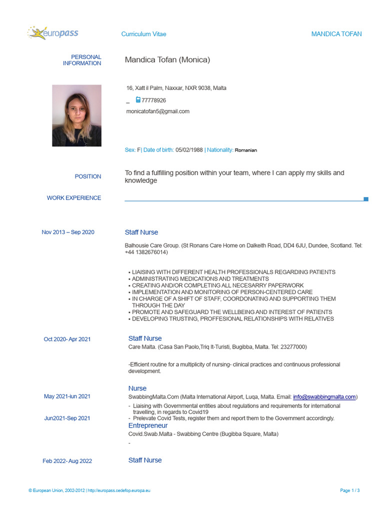 Europass CV | PDF | Nursing | Patient