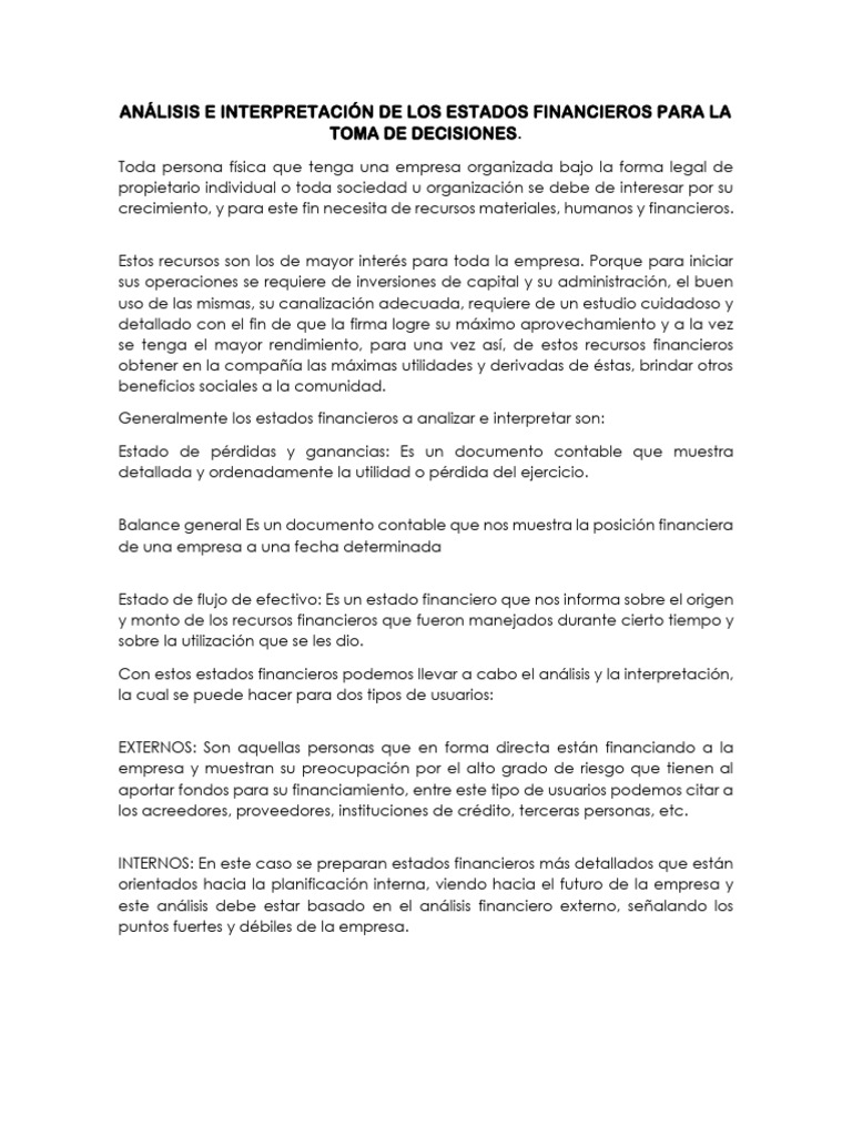 Análisis de Estados Financieros Especiales | PDF | Estado financiero ...