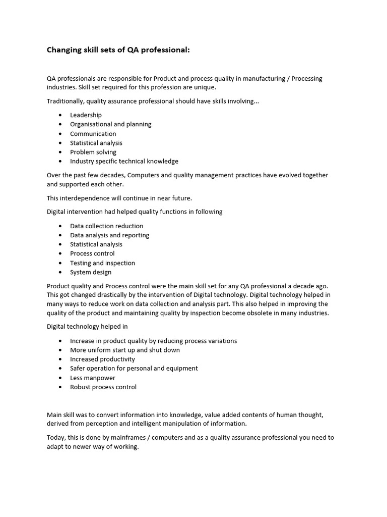 Changing Skill Sets of QA Professional | PDF | Quality Assurance | Enterprise Resource Planning