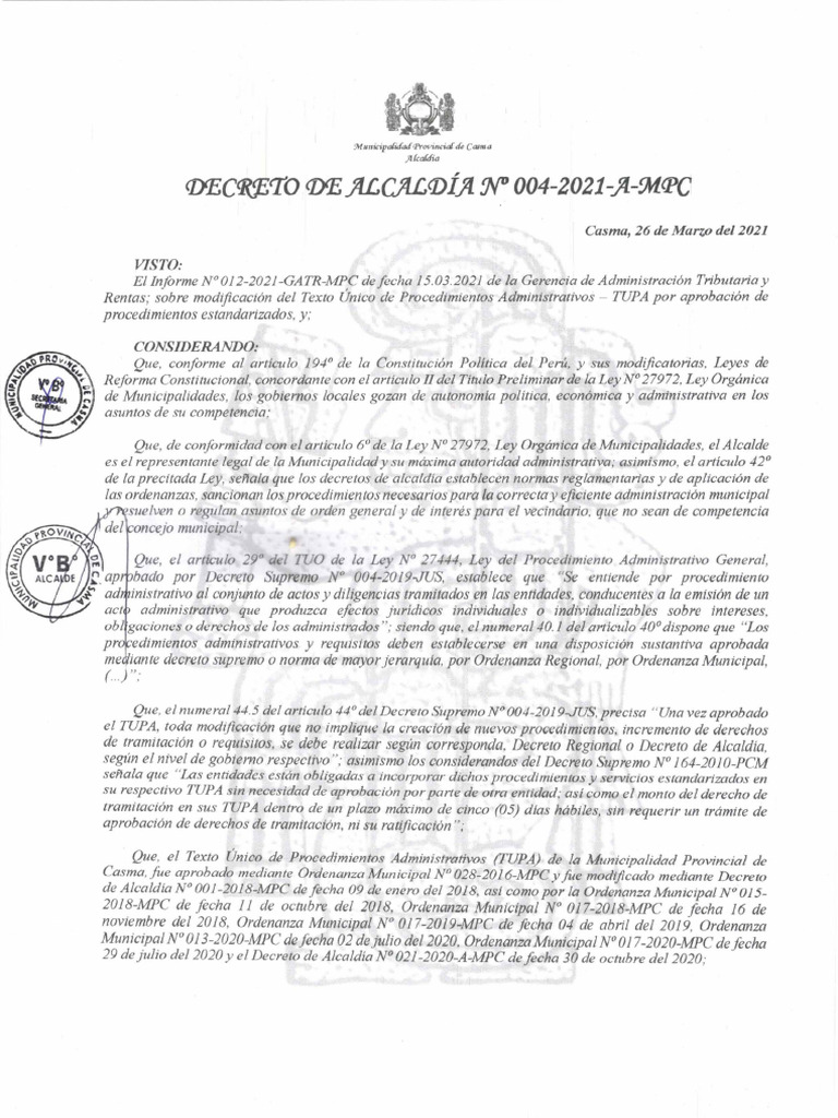 D.A. #004-2021-A-MPC - Modificacion Del TUPA 2021 | PDF | Documentos legales