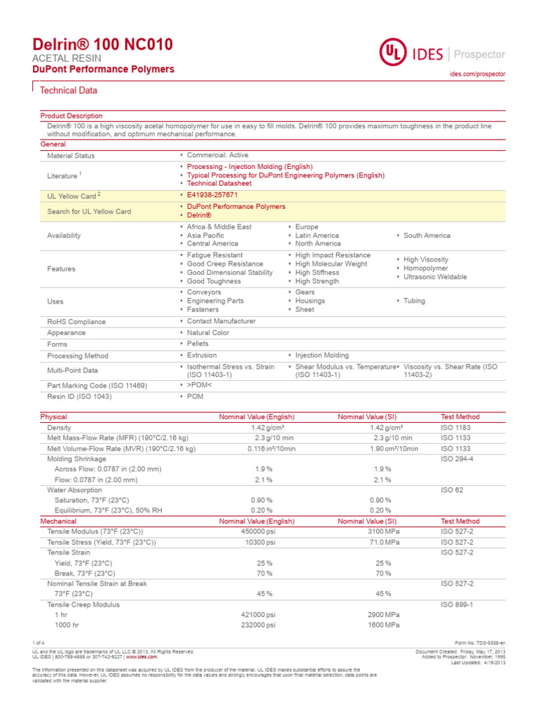 POM Delrin 100 | PDF | Materials | Applied And Interdisciplinary Physics