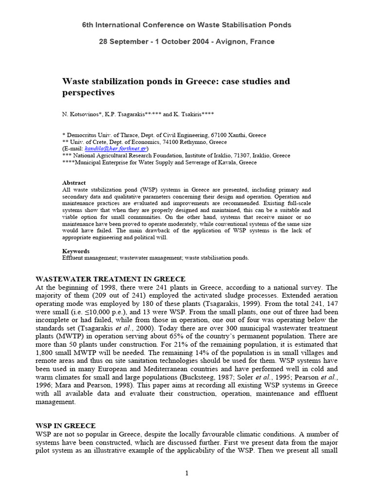 Waste Stabilization Ponds in Greece | PDF | Sewage Treatment | Hydraulic Engineering