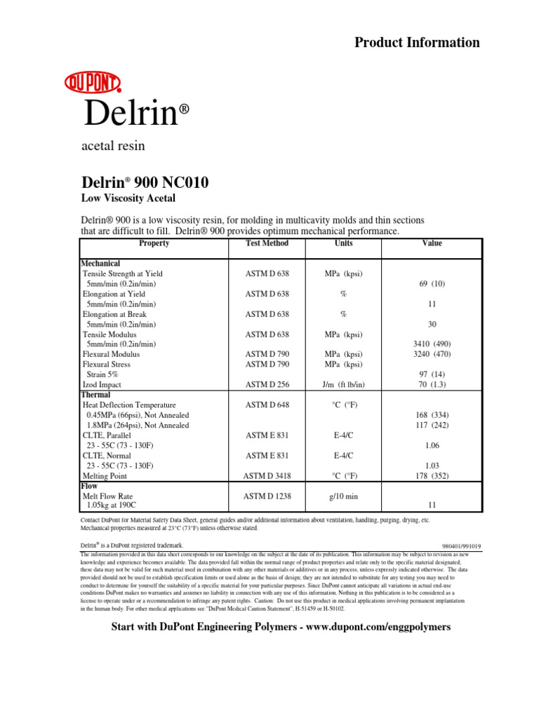 POM Delrin 900 HF | PDF | Yield (Engineering) | Strength Of Materials