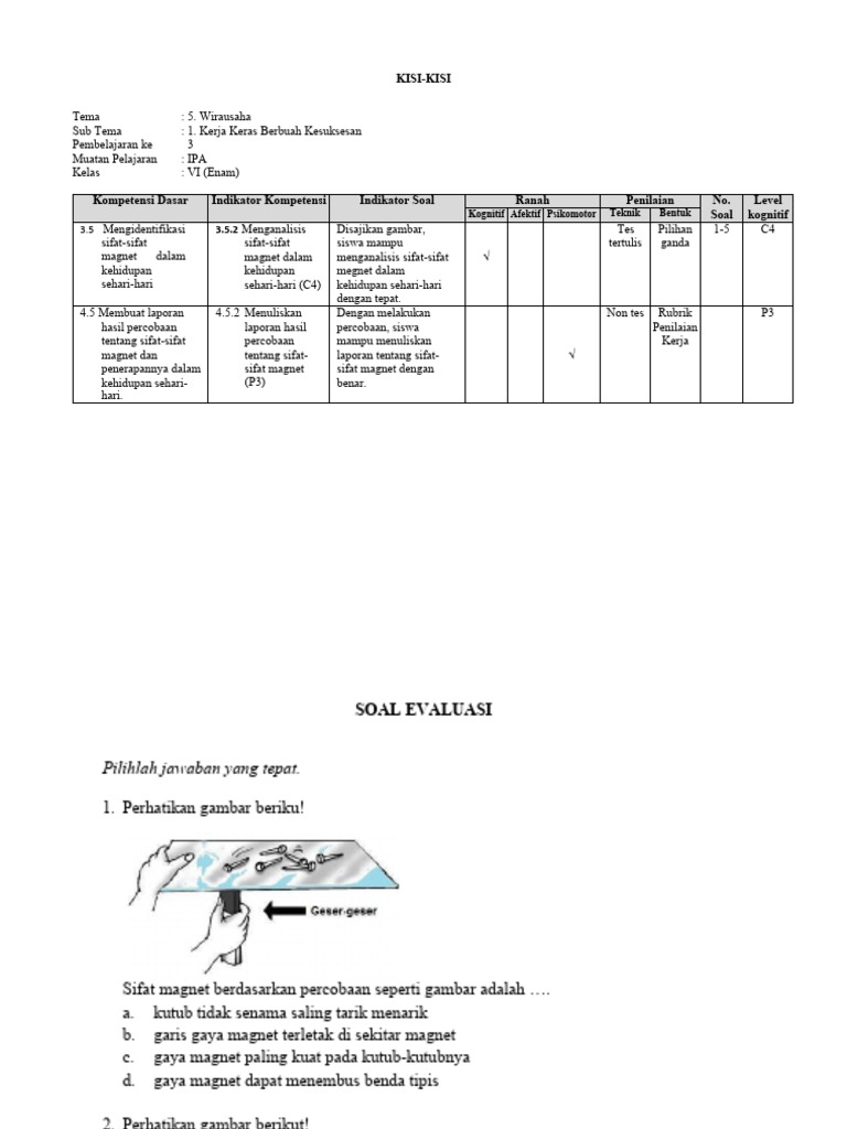Kisi-Kisi, Instrumen, Rubrik Penilaian | PDF