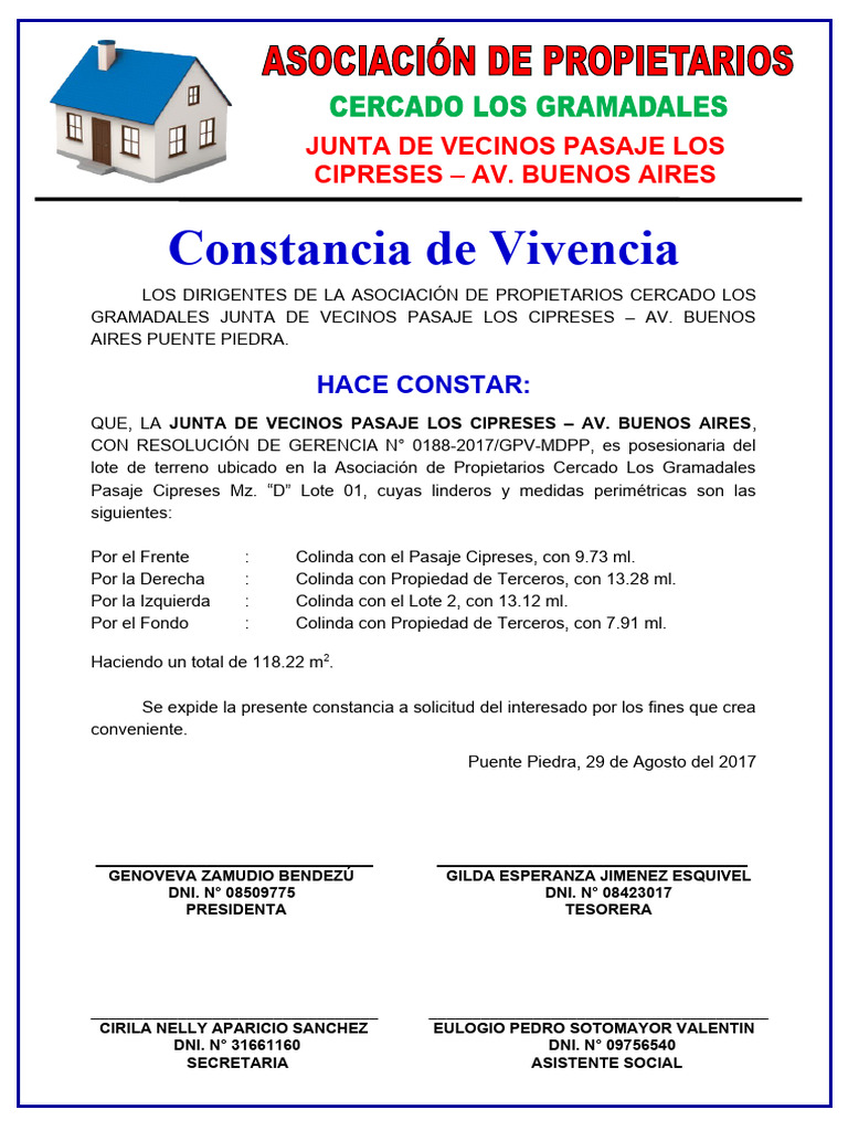 Constancia de Vivienda Cercado Los Gramadales Junta de Vecinos | PDF