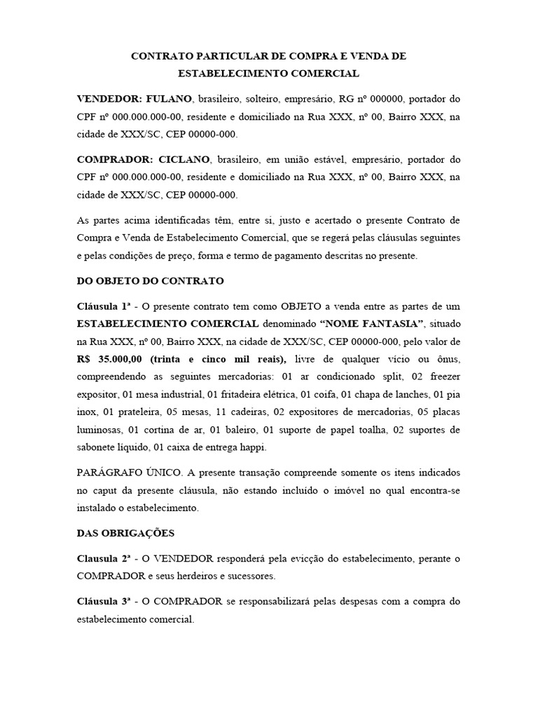 Modelo Contrato Particular de Compra e Venda de Estabelecimento ...