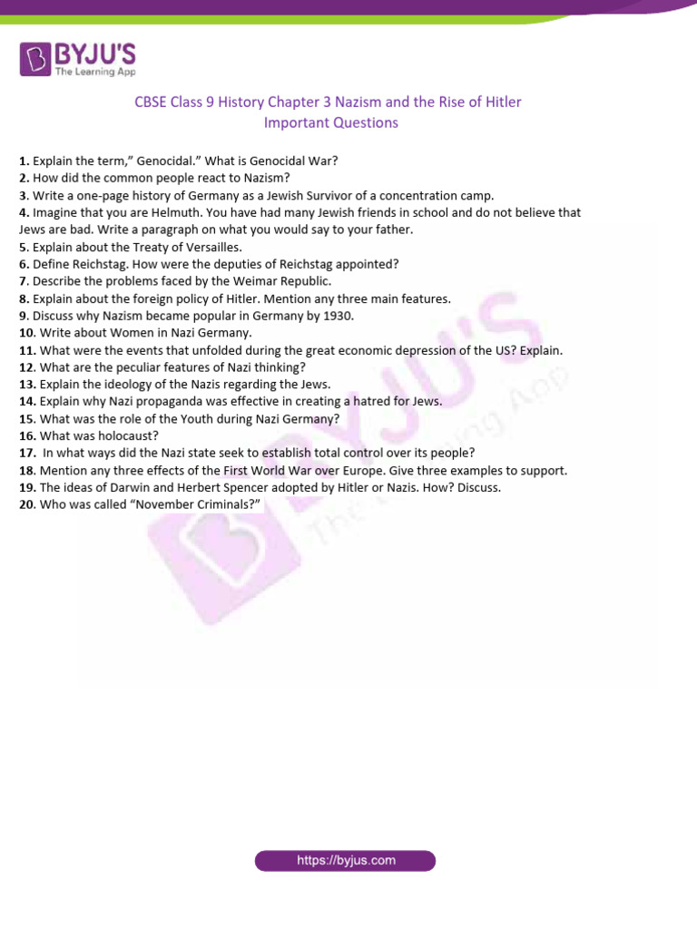 CBSE Class 9 History Chapter 3 Nazism and The Rise of Hitler Important ...