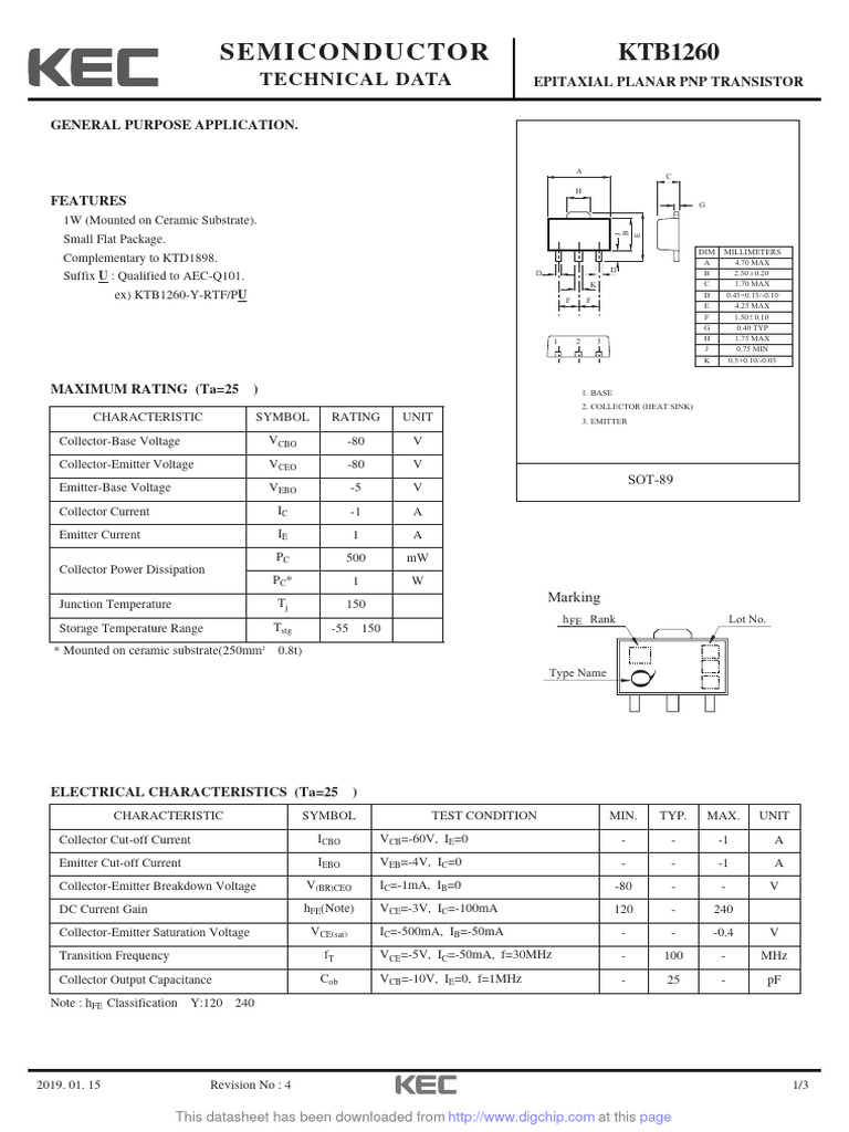 KTB 1260 | PDF | Bipolar Junction Transistor | Semiconductors