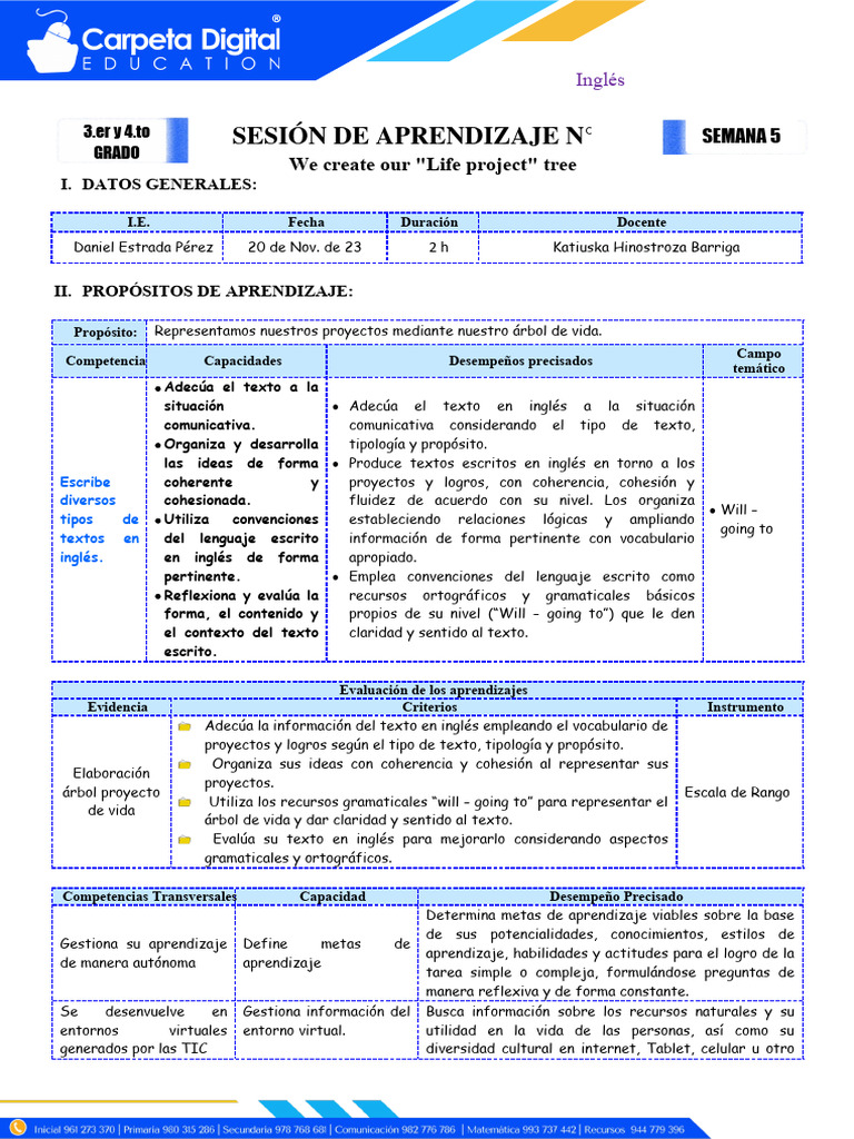 3° y 4° - SESIÓN - DE - APRENDIZAJE 5-SEM.5-EXP.7-INGLÉS | PDF | Aprendizaje | Evaluación