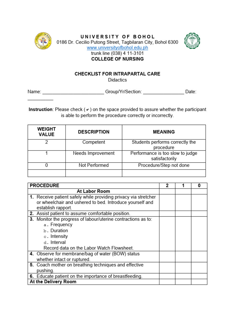 Checklist Intra and Immediate | PDF | Childbirth | Medical Specialties