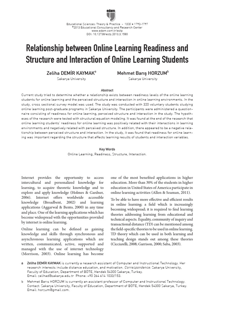 Relationship Between Online Learning Readiness and Structure and Interaction of Online Learning ...