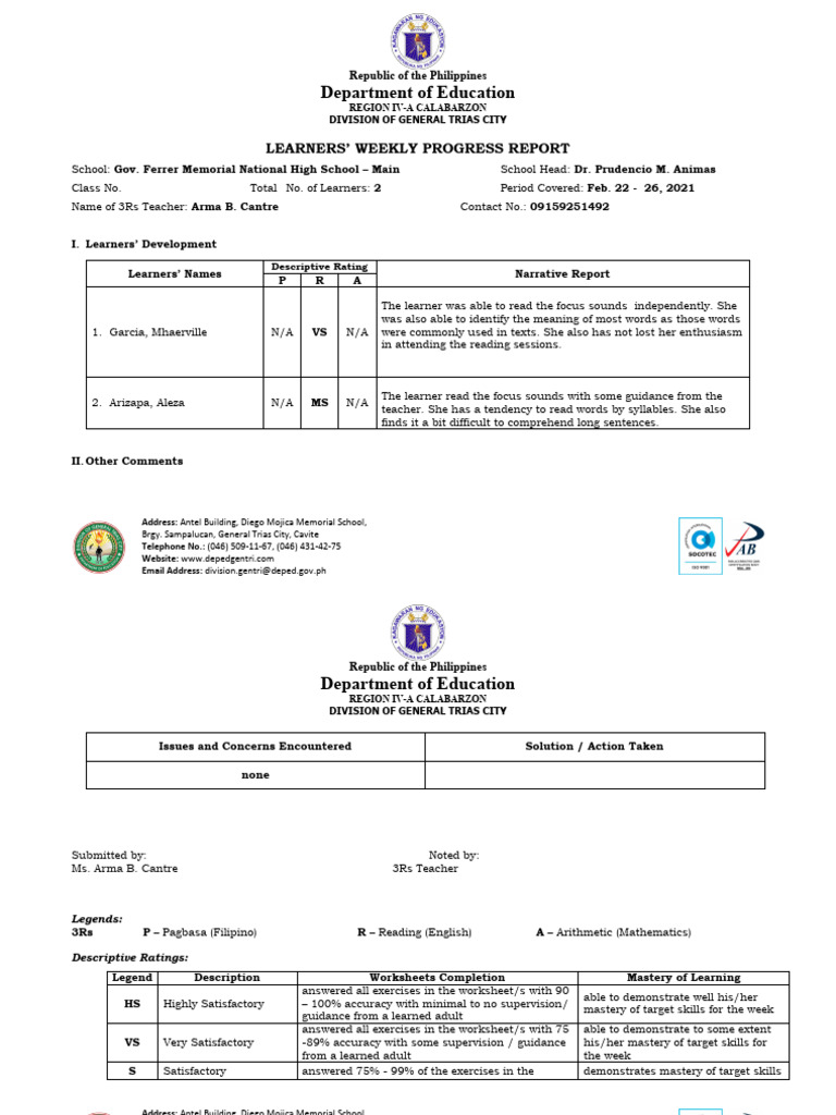 3Rs Learners Weekly Progress Report | PDF | Cognitive Psychology ...