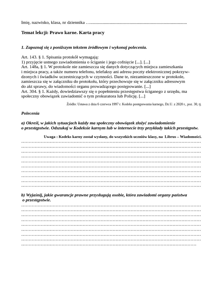Prawo Karne. Karta Pracy | PDF