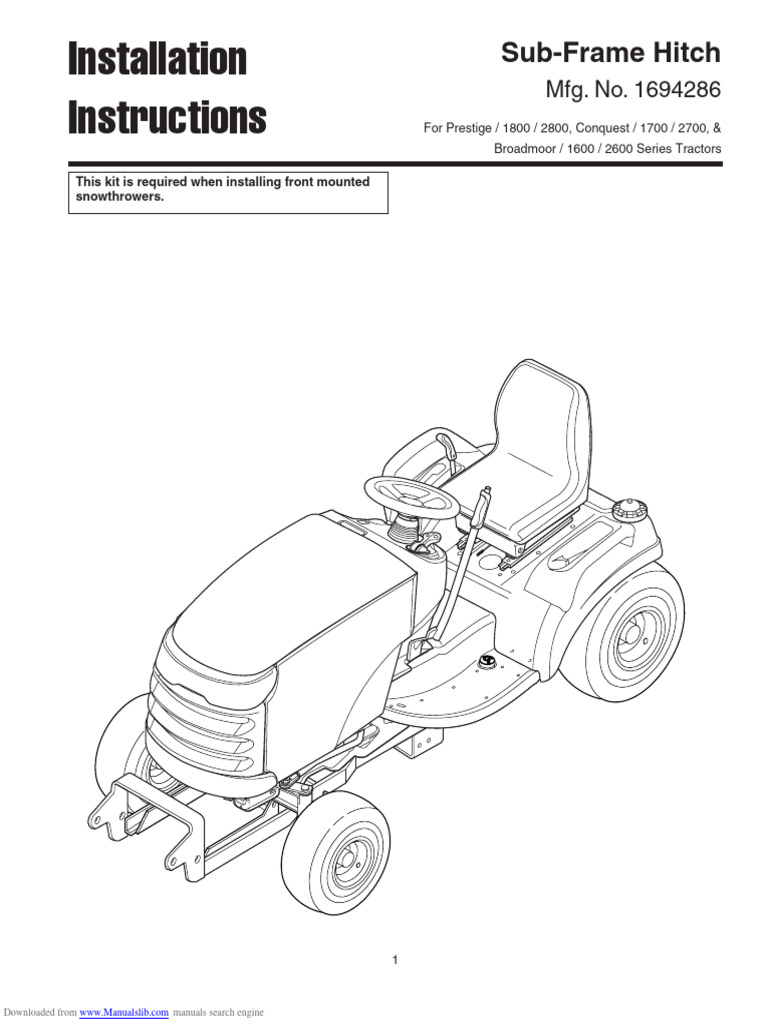 Installation Instructions: Sub-Frame Hitch | PDF | Tractor | Elevator
