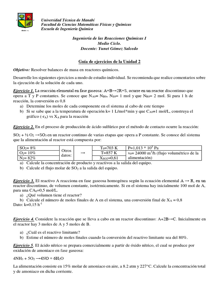 Guía de Ejercicios Unidad 2 | PDF | Reactor Quimico | Amoníaco