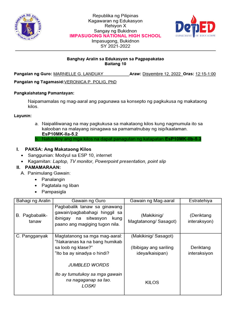 Final Esp 10 Makataong Kilos Lesson Plan | PDF