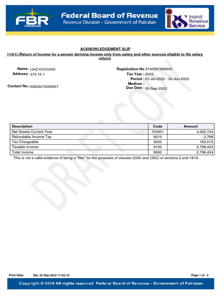114 (1) (Return of Income For A Person Deriving Income Only From Salary ...