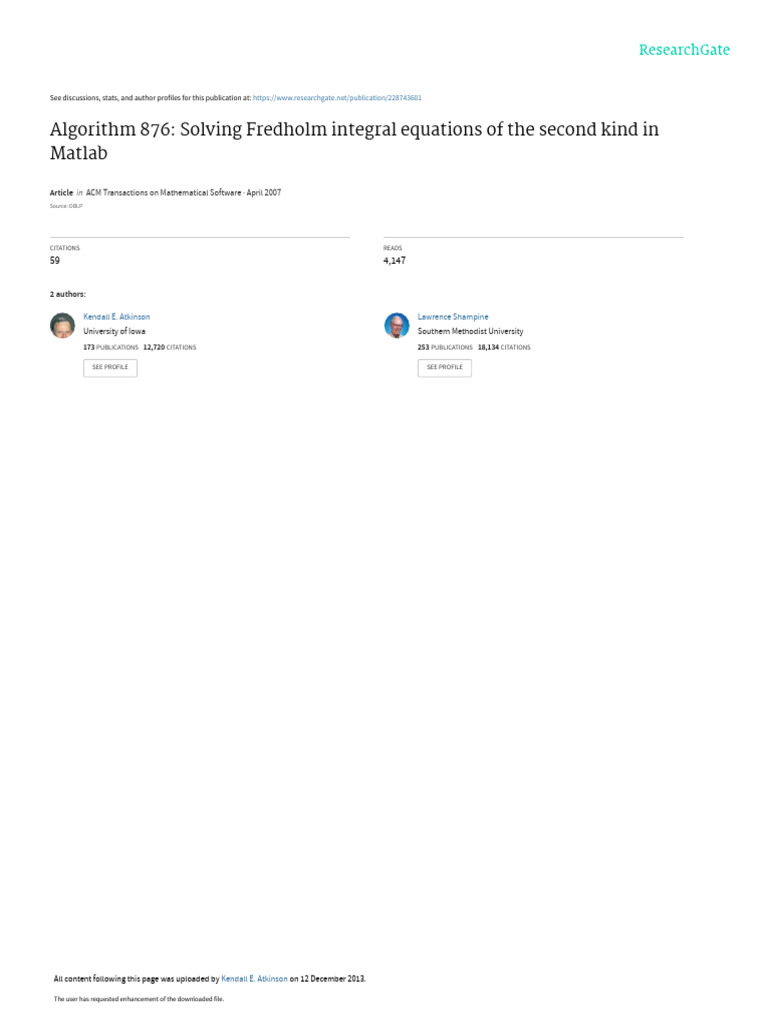 Algorithm 876 Solving Fredholm Integral Equations | PDF | Integral Equation | Teaching Mathematics