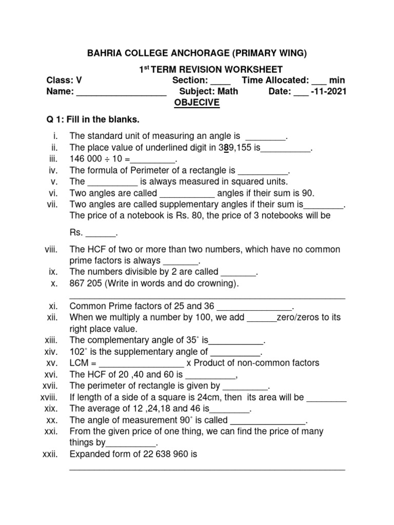 1st Term Revision Worksheet | PDF | Elementary Mathematics | Mathematics