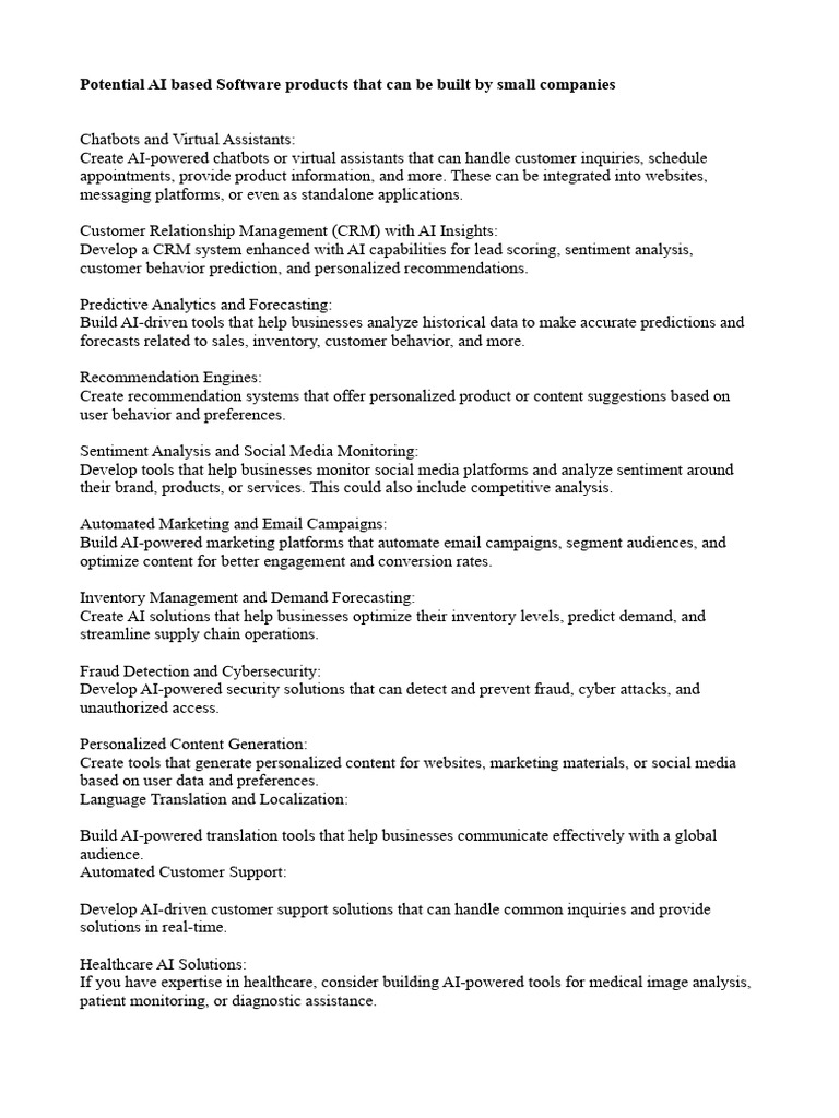 Potential AI Based Software Products That Can Be Built by Small ...