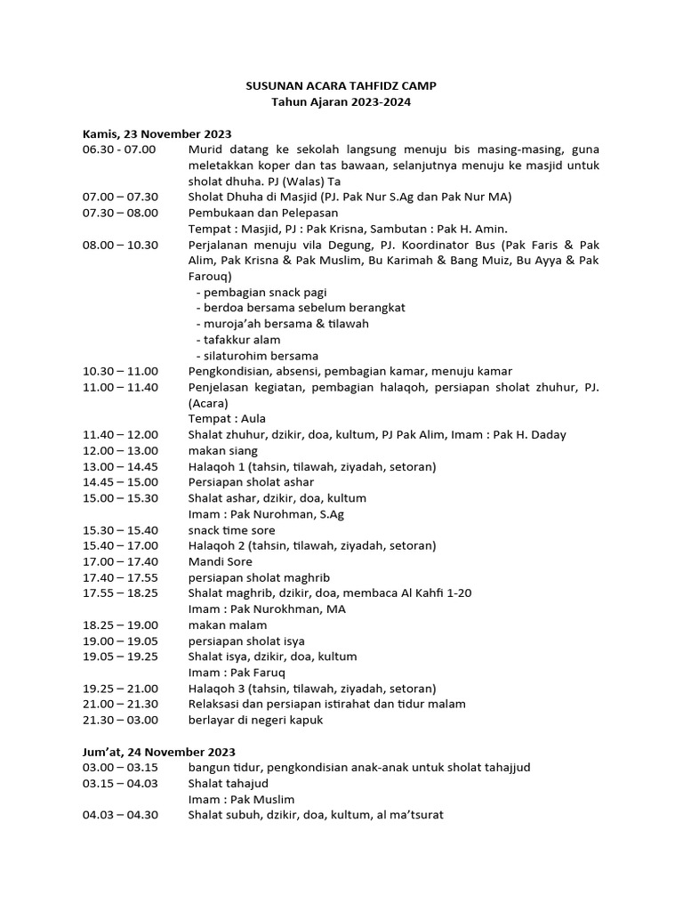 Susunan Acara Tahfidz Camp | PDF