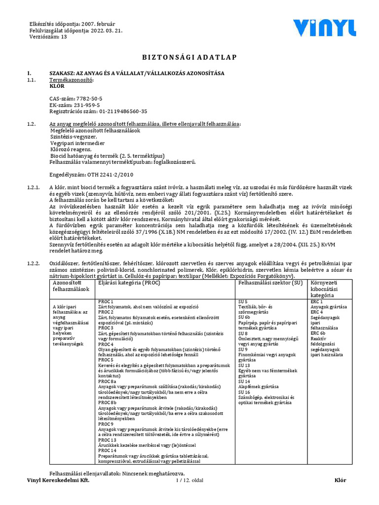Klor Biztonsagi Adatlap | PDF