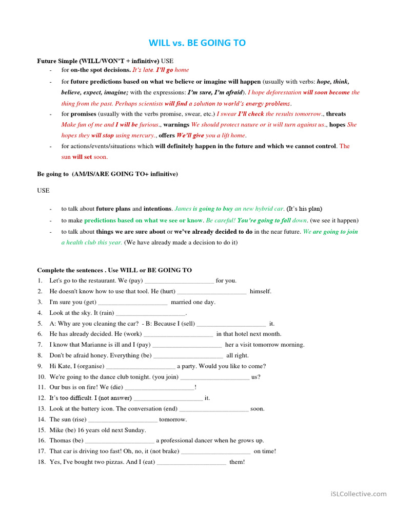 WILL vs. BE GOING TO 4to | PDF
