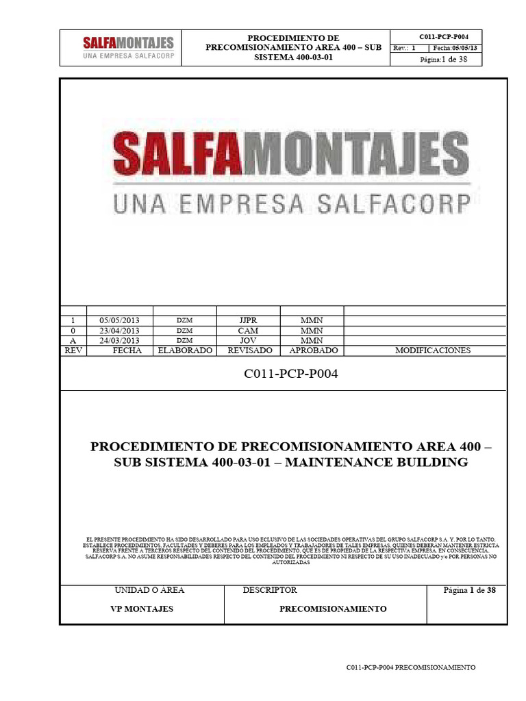 Procedimiento Precomisionamiento Área 400 | PDF | Seguridad y salud ...