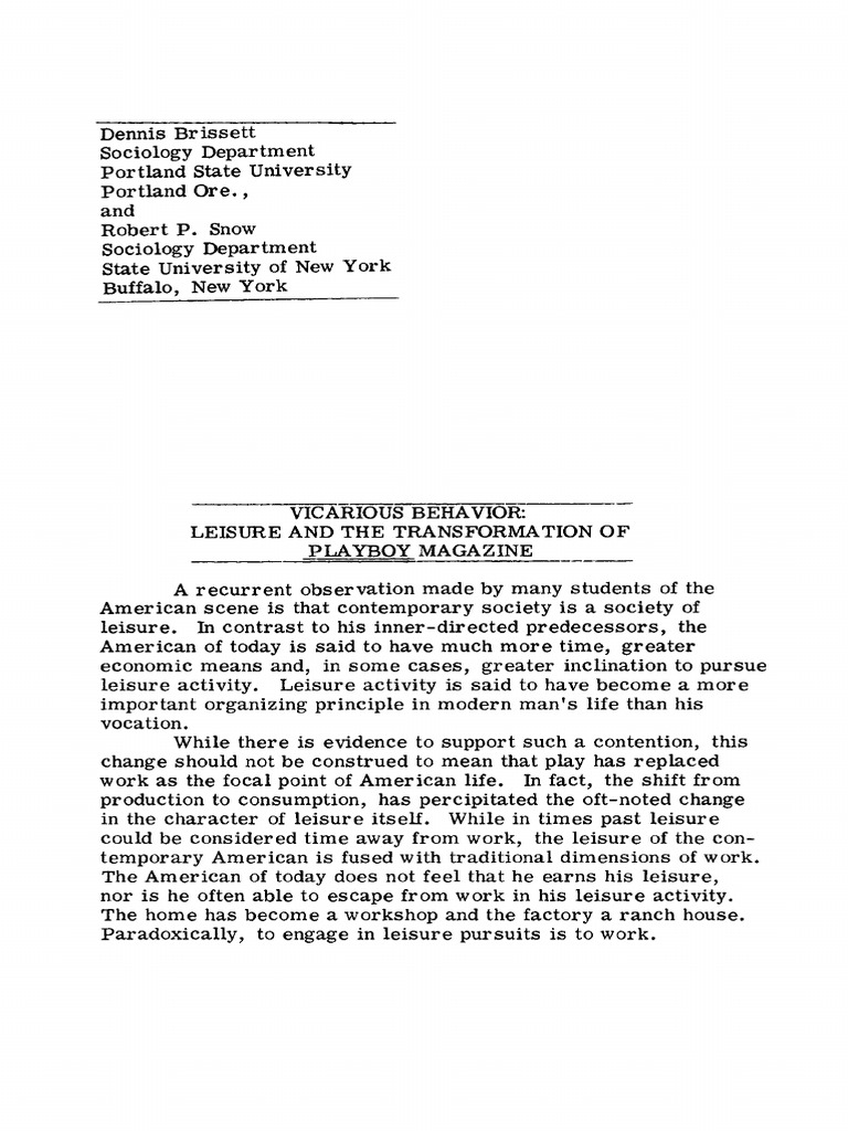 Vicarious Behavior - Leisure and The Transformation of Playboy Magazine ...