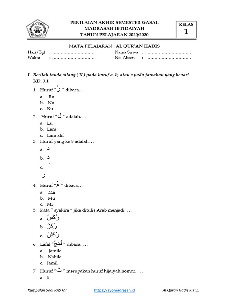 PAS Al Quran Hadis Kls 1 MI Soal Dan Kunci Jawaban | PDF
