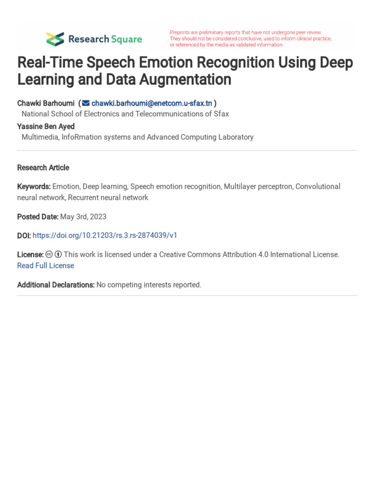 Real-Time Speech Emotion Recognition Using Deep Le | PDF | Deep Learning | Applied Mathematics