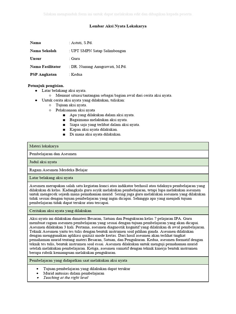 Lembar Aksi Nyata Lokakarya | PDF