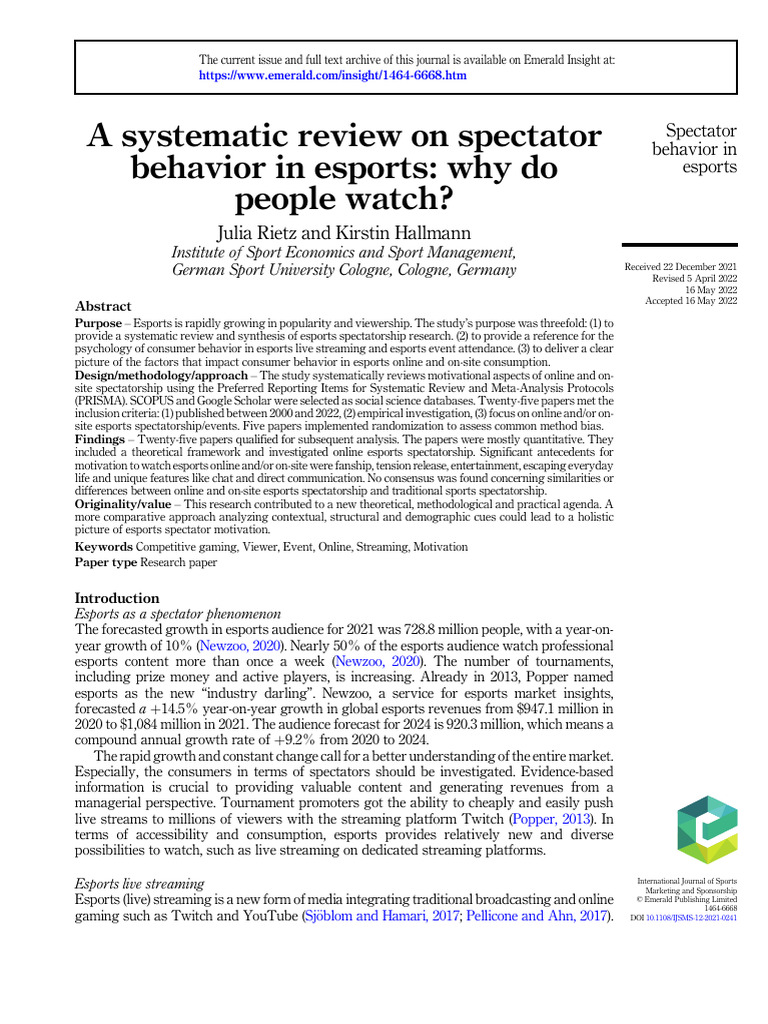 A Systematic Review On Spectator Behavior in Esports Why Do People ...