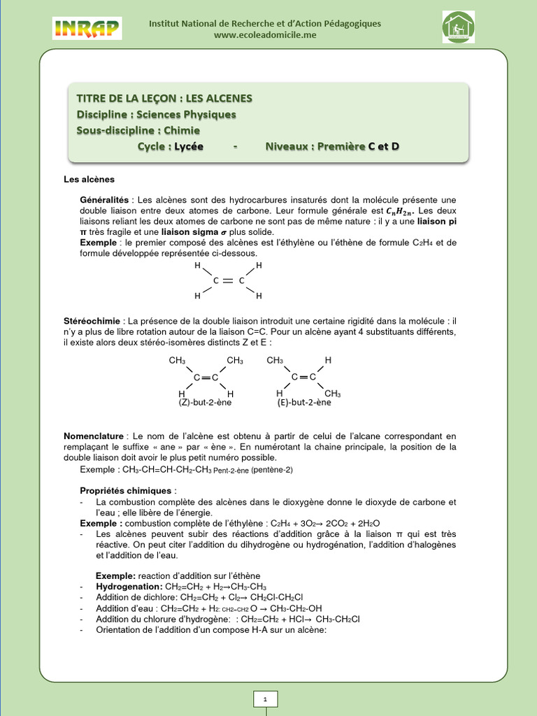 Réactions et Nomenclature des Alcènes | PDF | Alcène | Liaison chimique