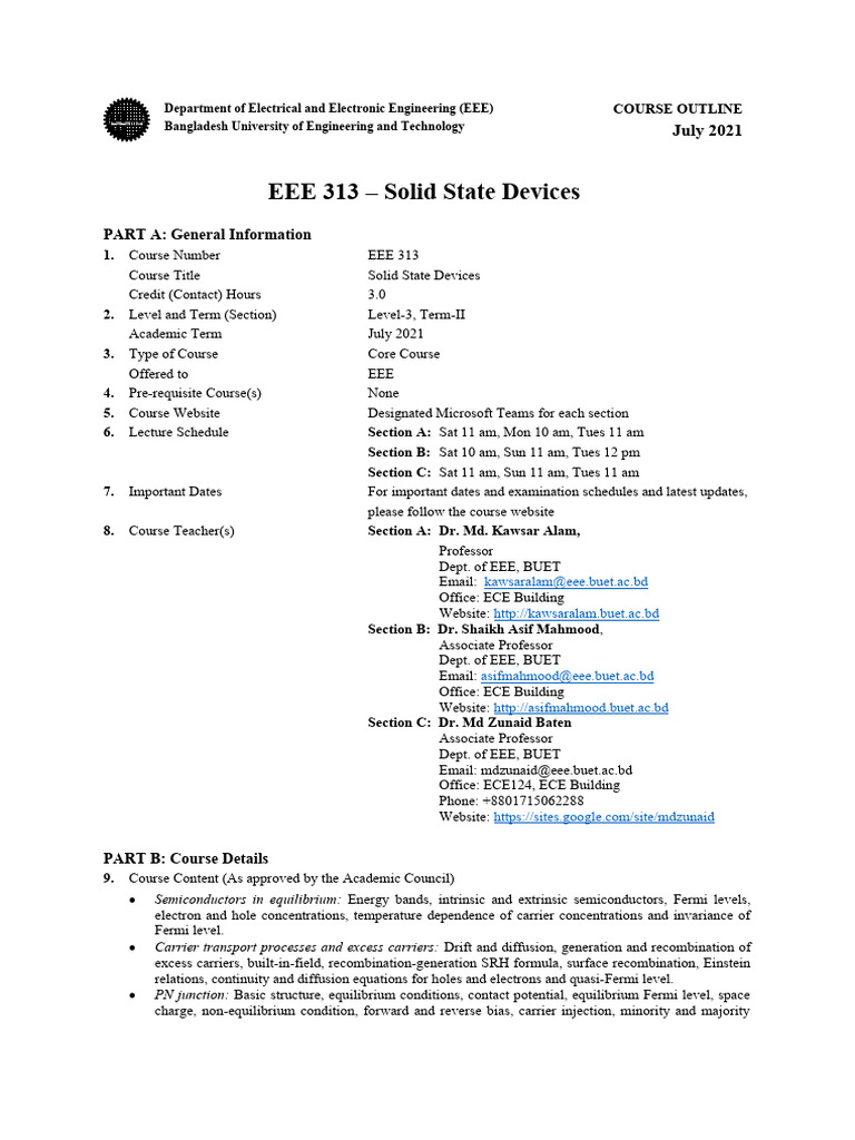 Sample EEE313 Jul2021-Course Outline OBE V2 | PDF | Bipolar Junction Transistor | Mosfet