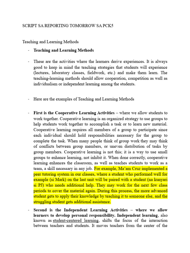 Script Sa Reporting Tomorrow Sa PCK5 | PDF | Educational Assessment | Curriculum