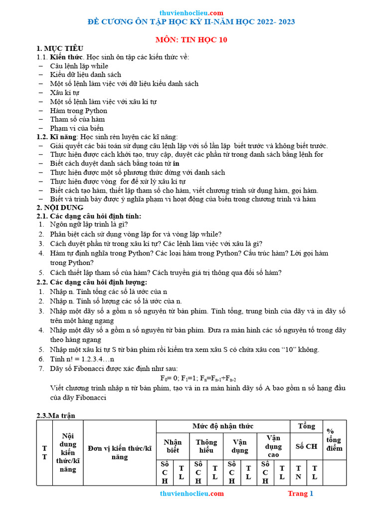De Cuong On Tap Tin 10 HK2 KNTT Nam 22 23 | PDF