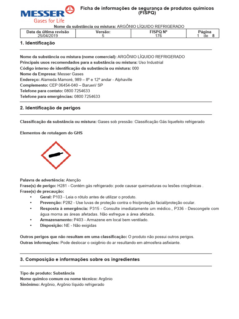 Argônio Líquido Refrigerado | PDF | Oxigênio | Primeiros socorros