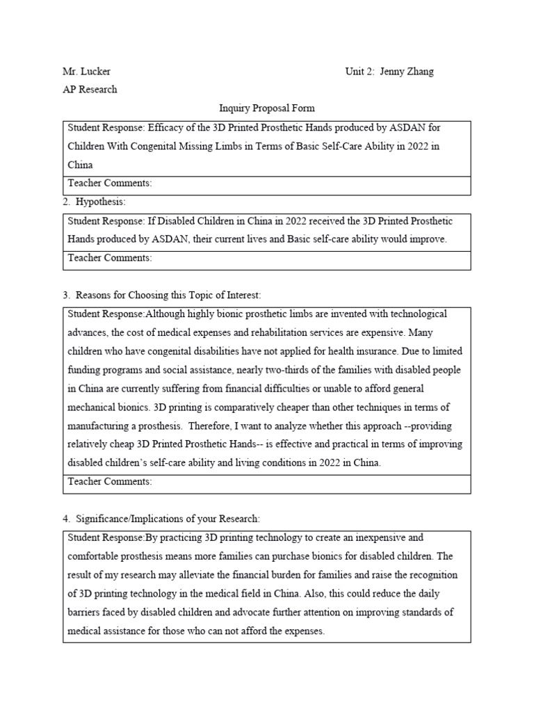 Jenny Zhang 1st Draft Inquiry Proposal Form | PDF | Prosthesis | 3 D ...
