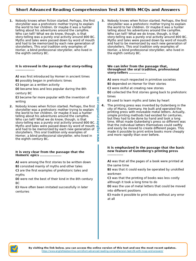 869 - Short Advanced Reading Comprehension Test 26 With Mcqs and ...