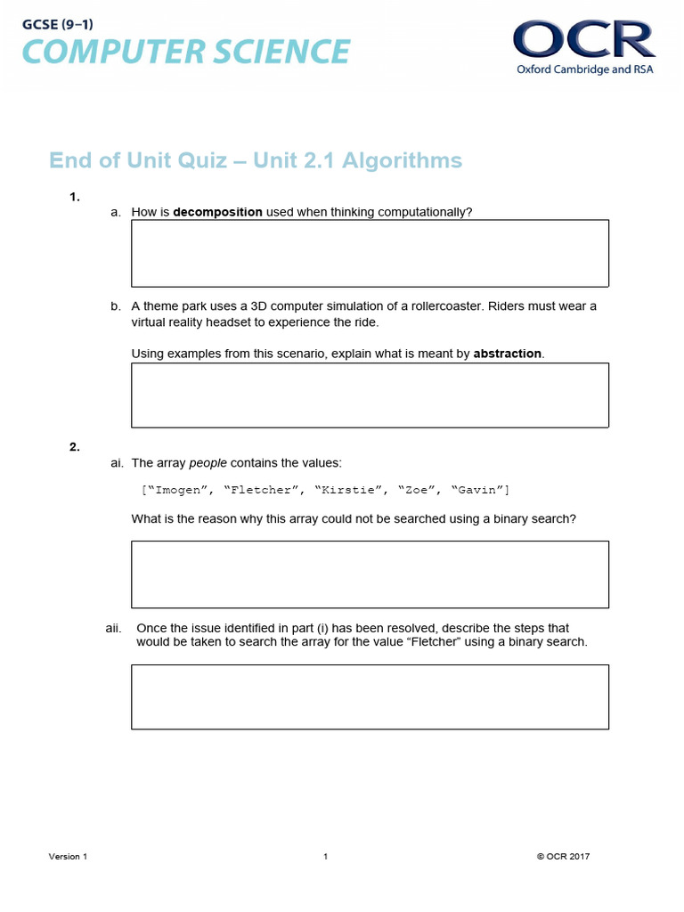 2.1 Algorithms End of Unit Quiz Lesson Element | PDF | Algorithms | Computer Programming