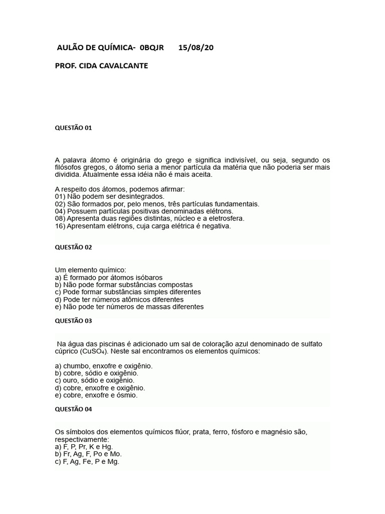 Aulão de Química-0Bqjr 15/08/20 Prof. Cida Cavalcante | PDF ...