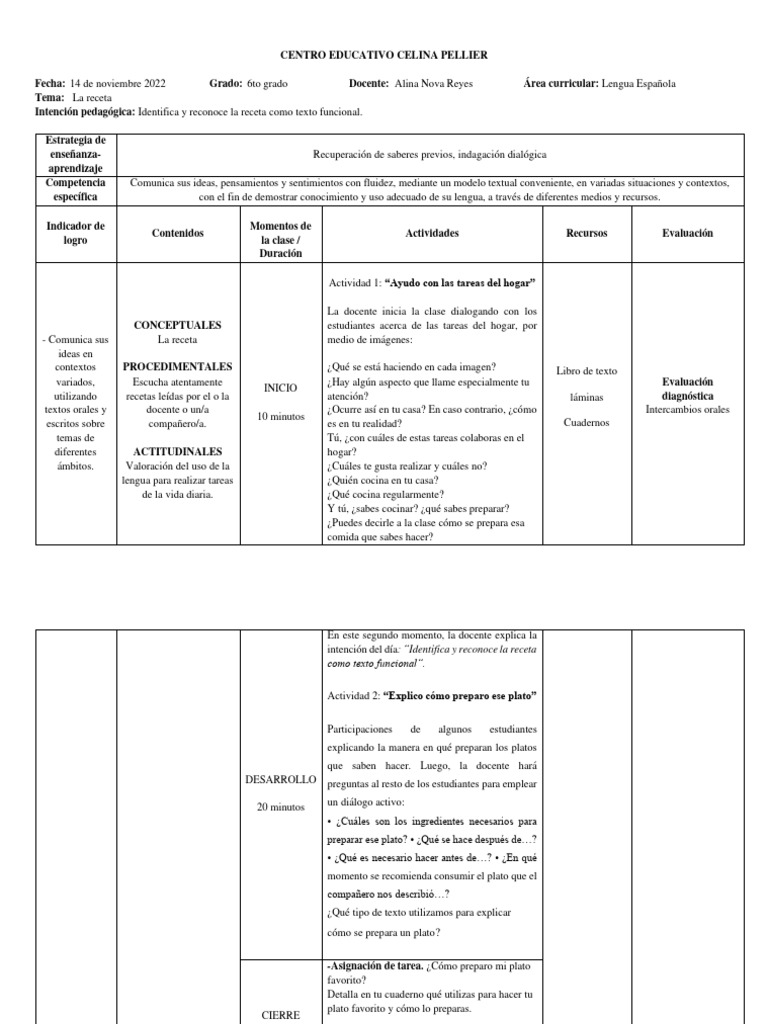 Enseñanza de recetas en 6to grado | PDF | Evaluación | Enseñando