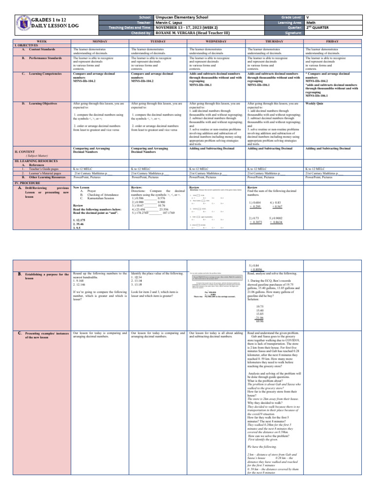 DLL Week 3 Math | PDF | Learning | Subtraction