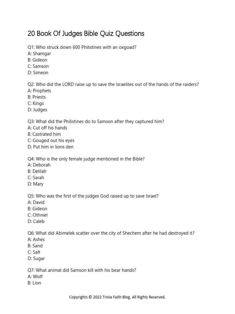 Book of Judges Bible Quiz Questions and Answers | PDF | Samson | Book ...