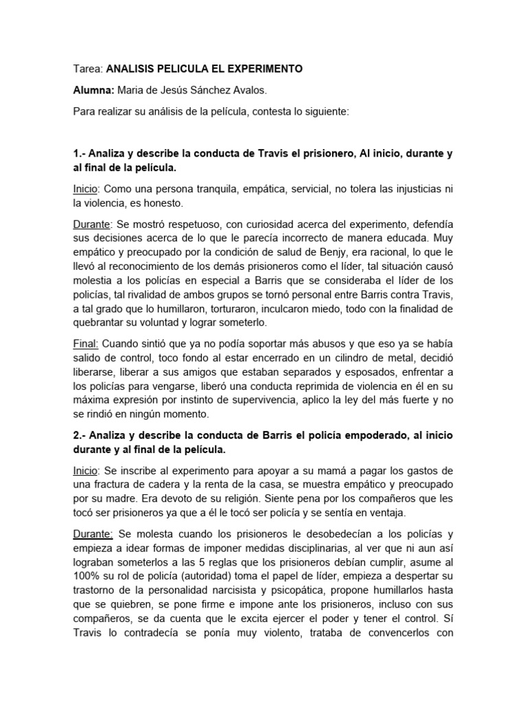 Tarea ANALISIS DE LA PELICULA EXPERIMENTO | PDF | Violencia ...