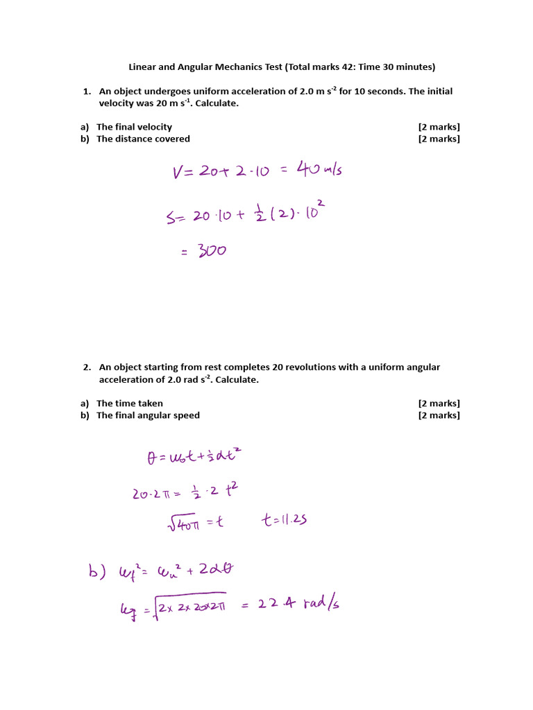 Linear and Angular Mechanics Test Guide | PDF | Torque | Velocity