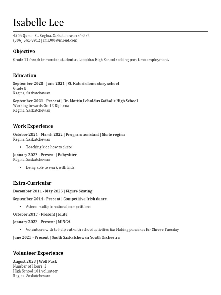 Isabelle Lee Resume - Grade 9 Resume | PDF | Cognition | Learning